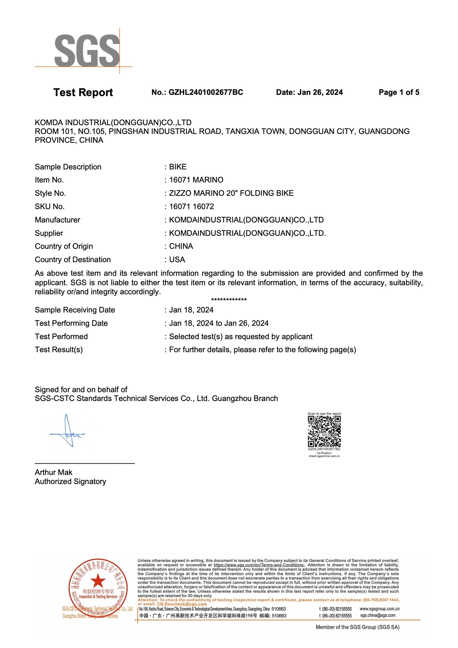 SGS Test Report – ZiZZO Folding bike