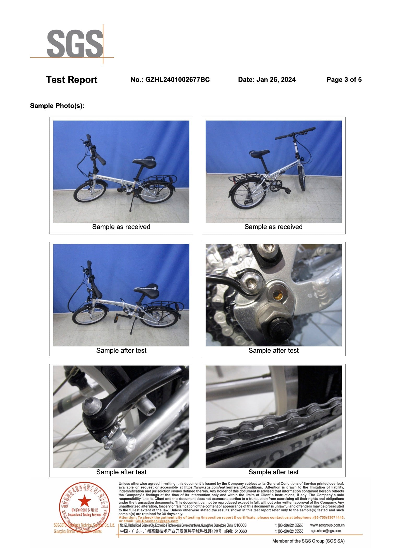 SGS Test Report – ZiZZO Folding bike